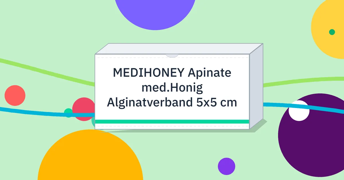 Symbolbild: Packung mit der Aufschrift MEDIHONEY Apinate med.Honig Alginatverband 5x5 cm (PZN 07617761) – Verfügbarkeit und Bezug in Apotheken in Frankfurt am Main