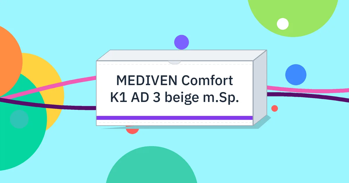 Symbolbild: Packung mit der Aufschrift MEDIVEN Comfort K1 AD 3 beige m.Sp. (PZN 14559455) – Verfügbarkeit und Bezug in Apotheken in Frankfurt am Main