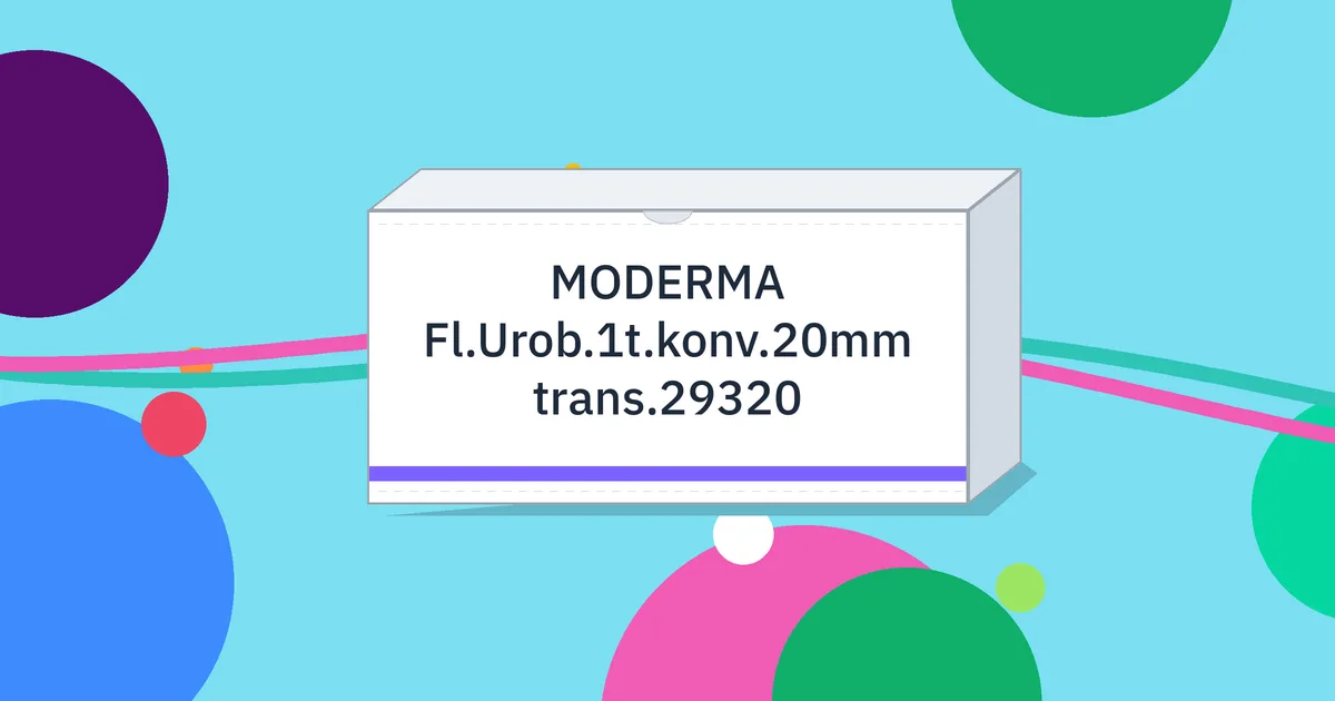 Symbolbild: Packung mit der Aufschrift MODERMA Fl.Urob.1t.konv.20mm trans.29320 (PZN 04195035) – Verfügbarkeit und Bezug in Apotheken in Frankfurt am Main