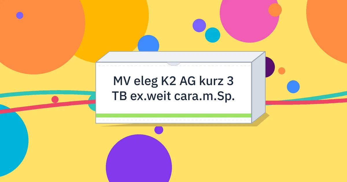 Symbolbild: Packung mit der Aufschrift MV eleg K2 AG kurz 3 TB ex.weit cara.m.Sp. (PZN 09879910) – Verfügbarkeit und Bezug in Apotheken in Frankfurt am Main