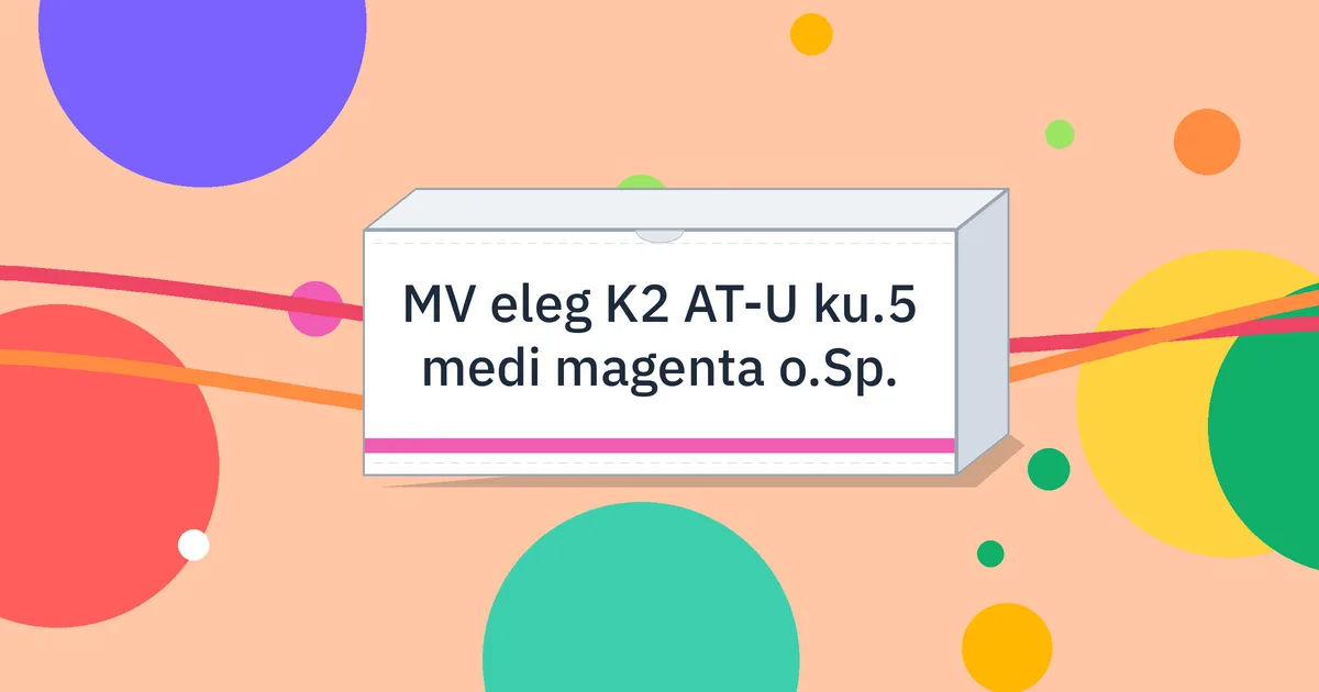 Symbolbild: Packung mit der Aufschrift MV eleg K2 AT-U ku.5 medi magenta o.Sp. (PZN 15291836) – Verfügbarkeit und Bezug in Apotheken in Frankfurt am Main