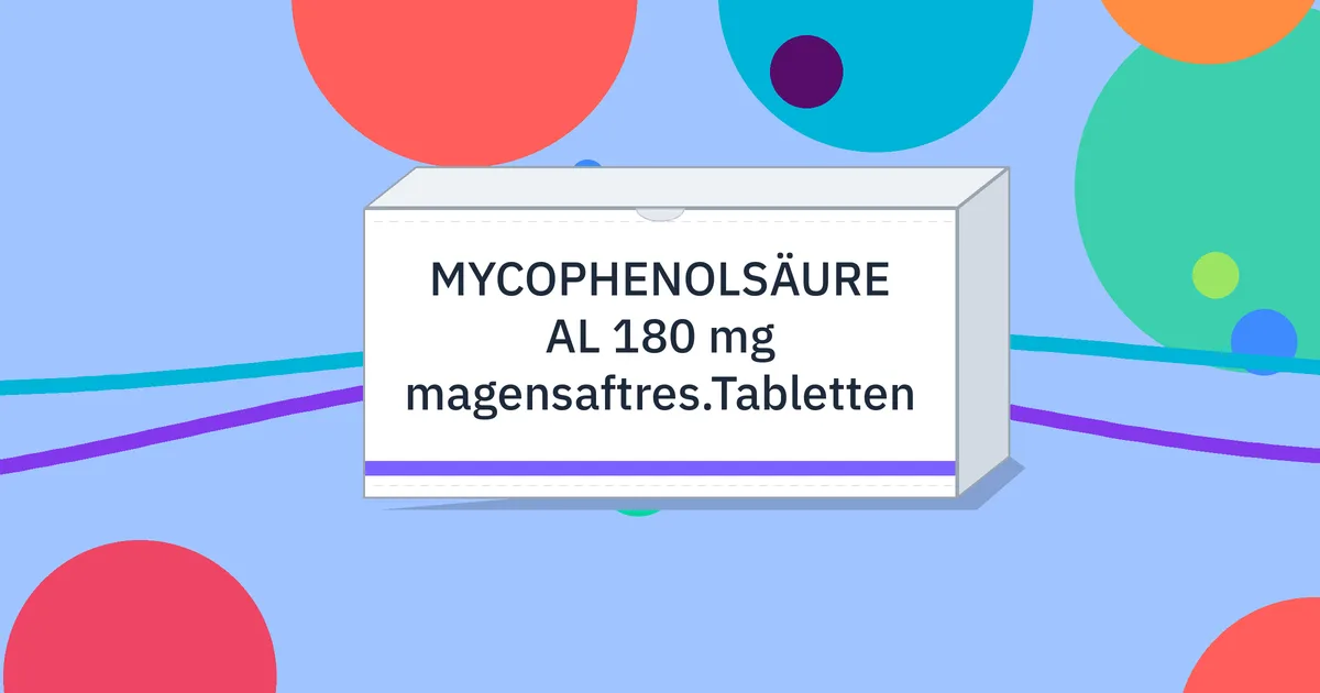 Symbolbild: Packung mit der Aufschrift MYCOPHENOLSÄURE AL 180 mg magensaftres.Tabletten (PZN 16528588) – Verfügbarkeit und Bezug in Apotheken in Frankfurt am Main