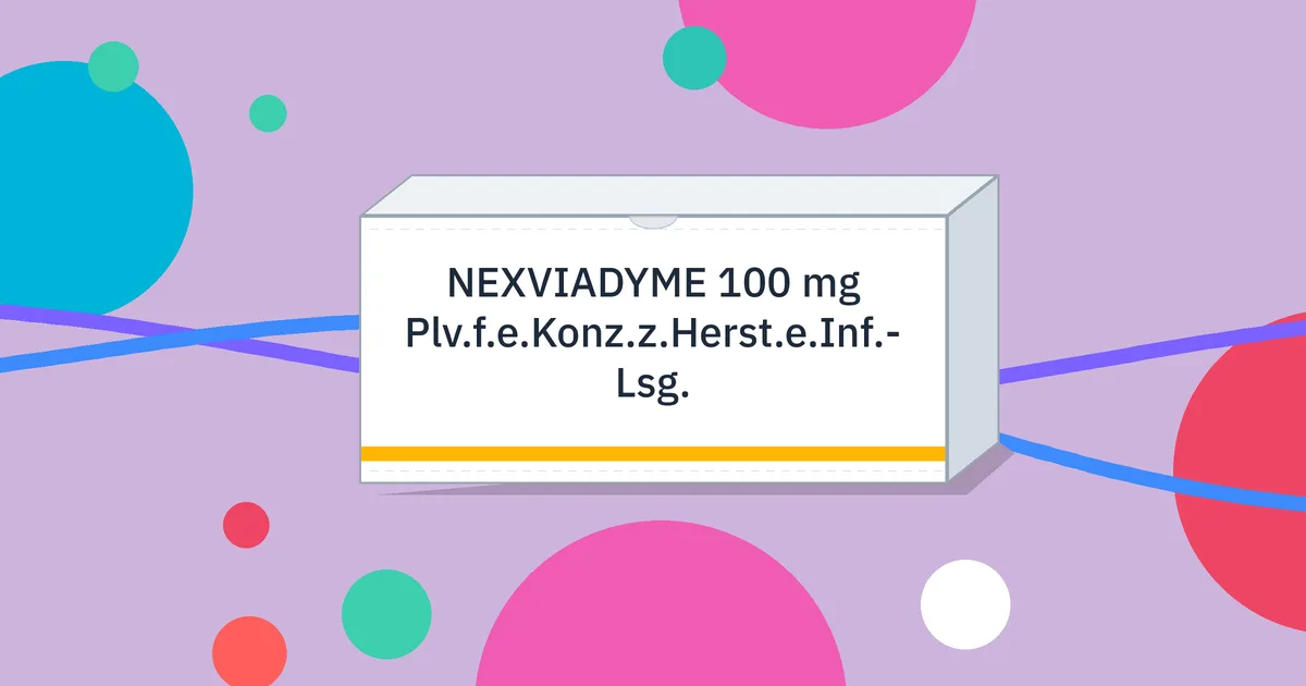 Symbolbild: Packung mit der Aufschrift NEXVIADYME 100 mg Plv.f.e.Konz.z.Herst.e.Inf.-Lsg. (PZN 19897694) – Verfügbarkeit und Bezug in Apotheken in Frankfurt am Main