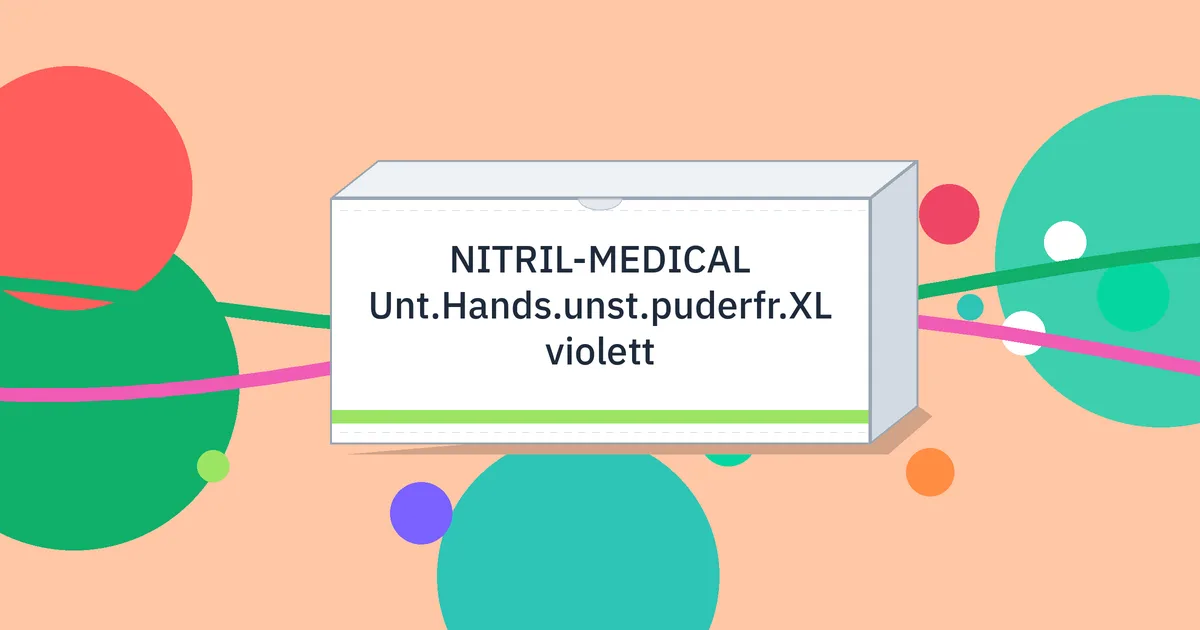 Symbolbild: Packung mit der Aufschrift NITRIL-MEDICAL Unt.Hands.unst.puderfr.XL violett (PZN 18408397) – Verfügbarkeit und Bezug in Apotheken in Frankfurt am Main