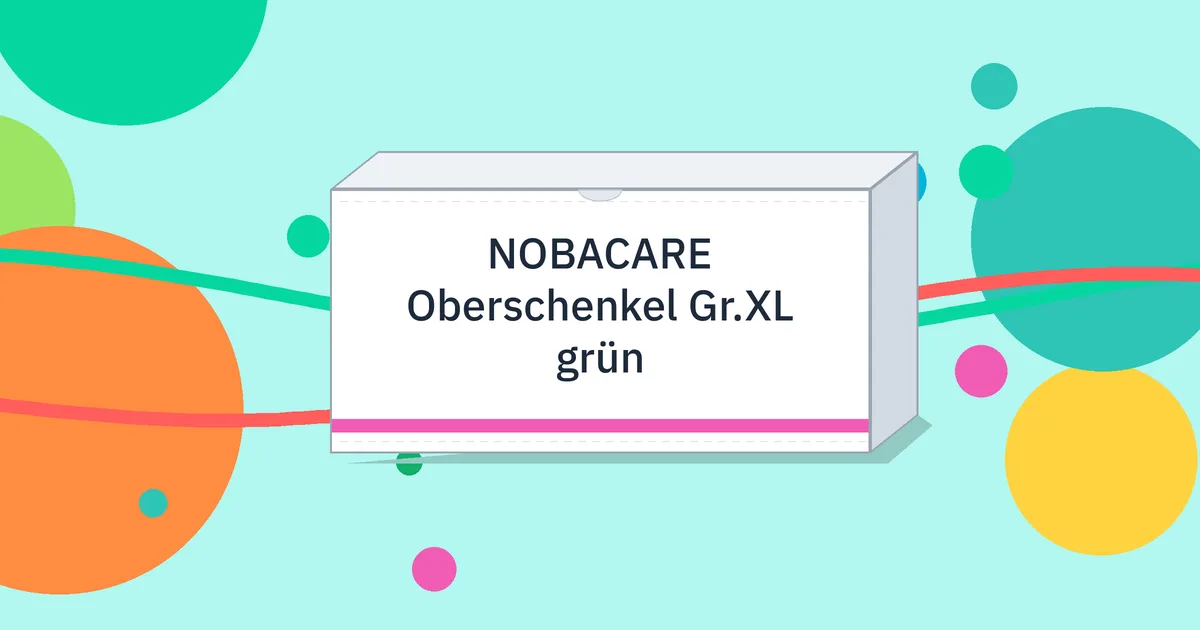 Symbolbild: Packung mit der Aufschrift NOBACARE Oberschenkel Gr.XL grün (PZN 15227100) – Verfügbarkeit und Bezug in Apotheken in Frankfurt am Main