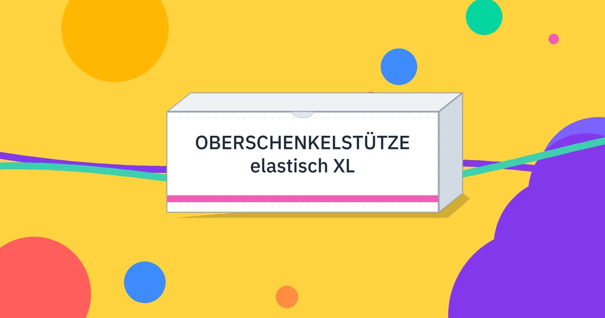 Symbolbild: Packung mit der Aufschrift OBERSCHENKELSTÜTZE elastisch XL (PZN 19071876) – Verfügbarkeit und Bezug in Apotheken in Frankfurt am Main
