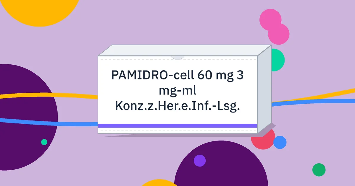 Symbolbild: Packung mit der Aufschrift PAMIDRO-cell 60 mg 3 mg-ml Konz.z.Her.e.Inf.-Lsg. (PZN 03145733) – Verfügbarkeit und Bezug in Apotheken in Frankfurt am Main
