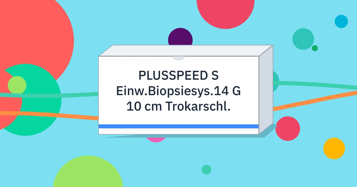 Symbolbild: Packung mit der Aufschrift PLUSSPEED S Einw.Biopsiesys.14 G 10 cm Trokarschl. (PZN 14258104) – Verfügbarkeit und Bezug in Apotheken in Frankfurt am Main