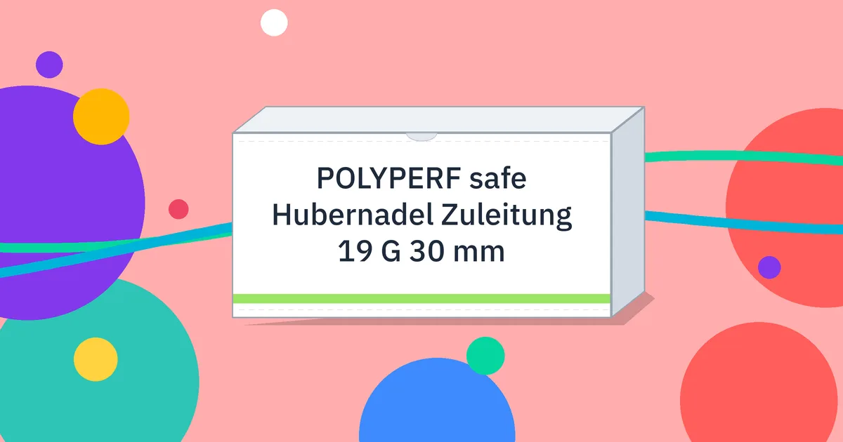 Symbolbild: Packung mit der Aufschrift POLYPERF safe Hubernadel Zuleitung 19 G 30 mm (PZN 12426371) – Verfügbarkeit und Bezug in Apotheken in Frankfurt am Main
