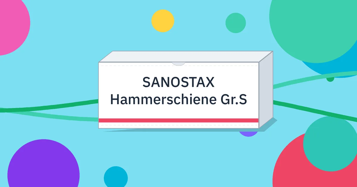 Symbolbild: Packung mit der Aufschrift SANOSTAX Hammerschiene Gr.S (PZN 10775825) – Verfügbarkeit und Bezug in Apotheken in Frankfurt am Main