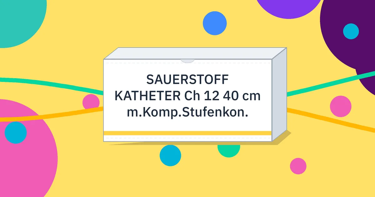 Symbolbild: Packung mit der Aufschrift SAUERSTOFF KATHETER Ch 12 40 cm m.Komp.Stufenkon. (PZN 01428504) – Verfügbarkeit und Bezug in Apotheken in Frankfurt am Main