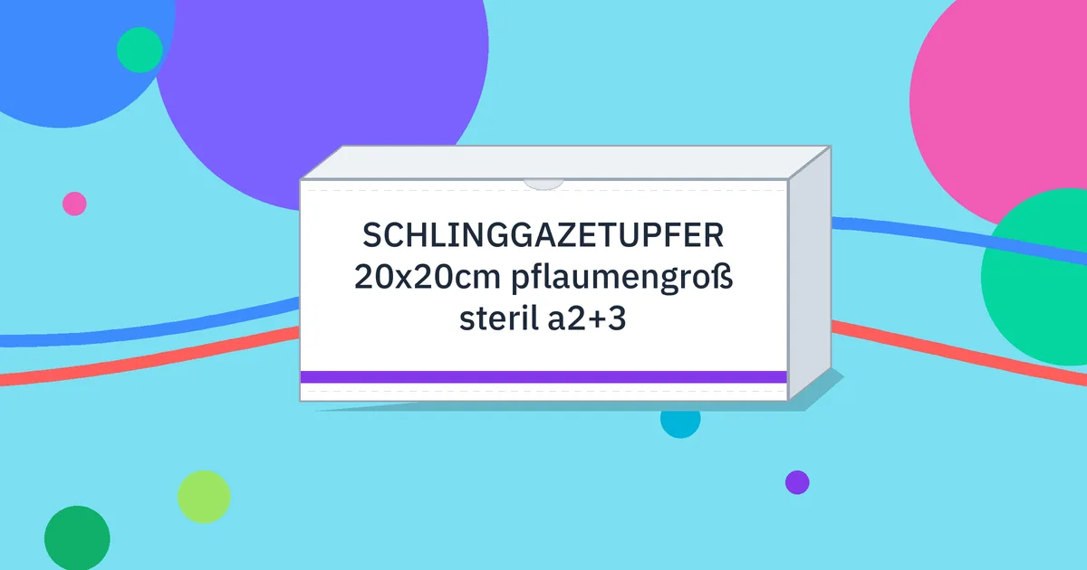 Symbolbild: Packung mit der Aufschrift SCHLINGGAZETUPFER 20x20cm pflaumengroß steril a2+3 (PZN 03723377) – Verfügbarkeit und Bezug in Apotheken in Frankfurt am Main