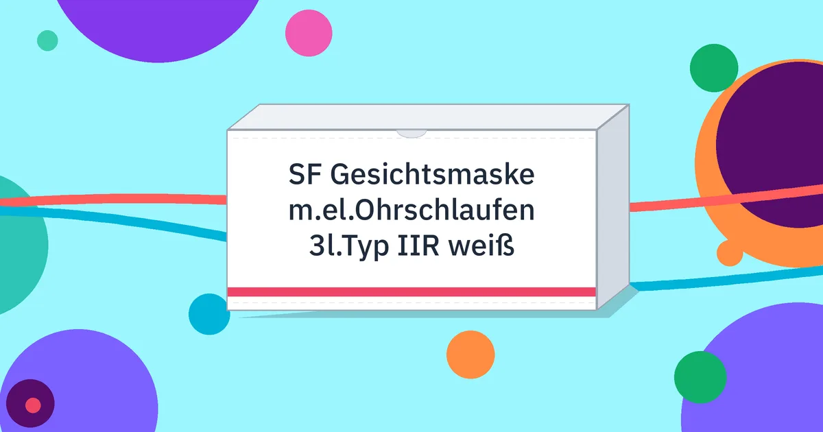 Symbolbild: Packung mit der Aufschrift SF Gesichtsmaske m.el.Ohrschlaufen 3l.Typ IIR weiß (PZN 17280475) – Verfügbarkeit und Bezug in Apotheken in Frankfurt am Main