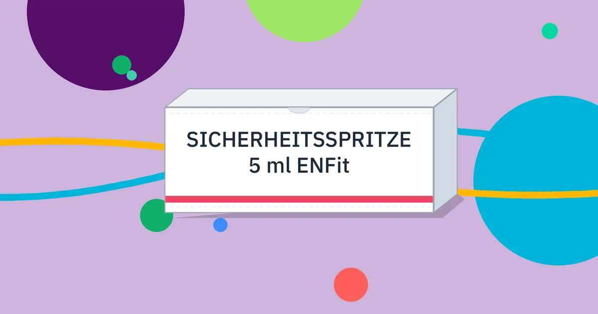 Symbolbild: Packung mit der Aufschrift SICHERHEITSSPRITZE 5 ml ENFit (PZN 19526785) – Verfügbarkeit und Bezug in Apotheken in Frankfurt am Main