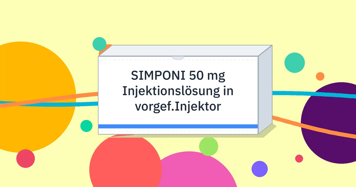 Symbolbild: Packung mit der Aufschrift SIMPONI 50 mg Injektionslösung in vorgef.Injektor (PZN 13566973) – Verfügbarkeit und Bezug in Apotheken in Frankfurt am Main