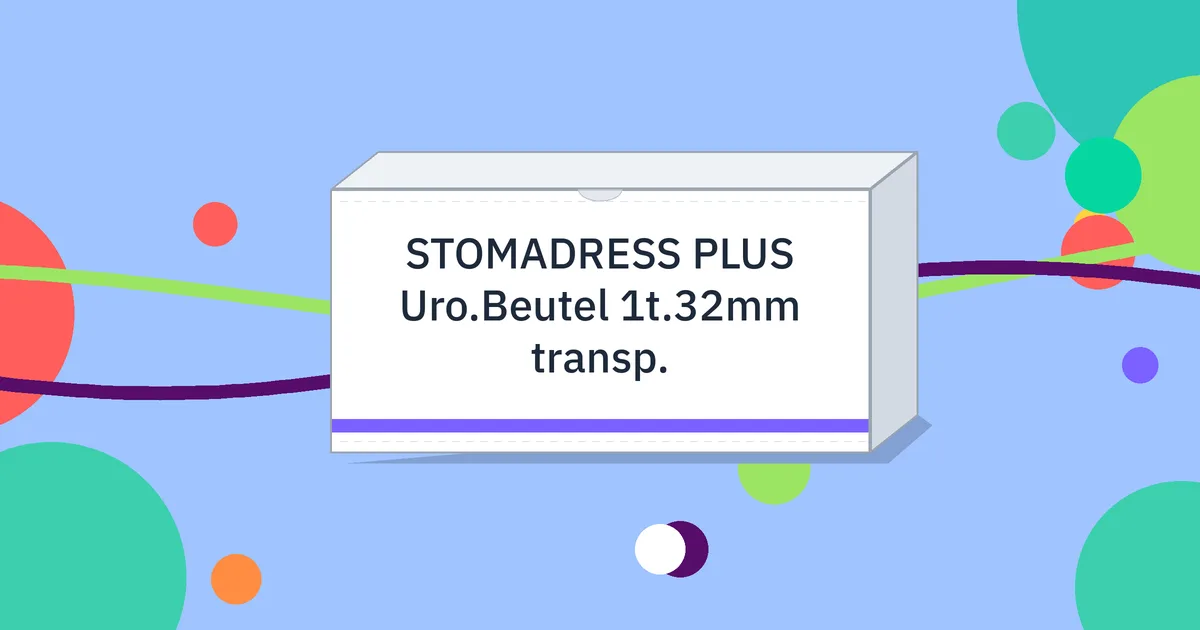 Symbolbild: Packung mit der Aufschrift STOMADRESS PLUS Uro.Beutel 1t.32mm transp. (PZN 04328660) – Verfügbarkeit und Bezug in Apotheken in Frankfurt am Main
