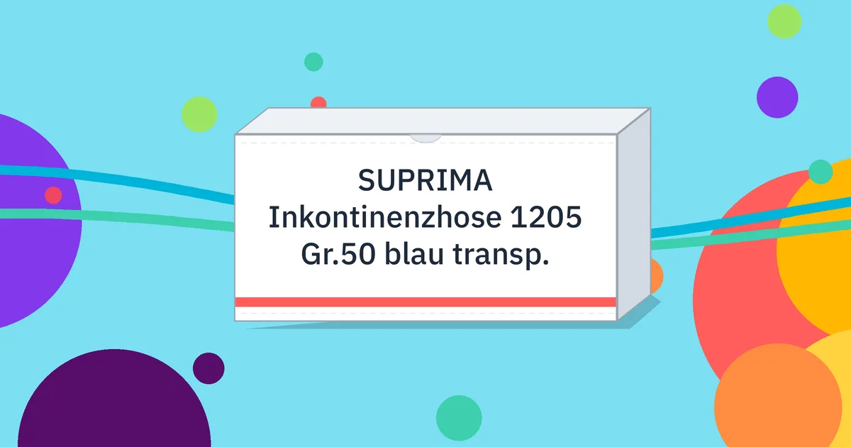 Symbolbild: Packung mit der Aufschrift SUPRIMA Inkontinenzhose 1205 Gr.50 blau transp. (PZN 01365689) – Verfügbarkeit und Bezug in Apotheken in Frankfurt am Main