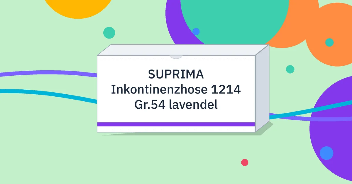 Symbolbild: Packung mit der Aufschrift SUPRIMA Inkontinenzhose 1214 Gr.54 lavendel (PZN 02852380) – Verfügbarkeit und Bezug in Apotheken in Frankfurt am Main