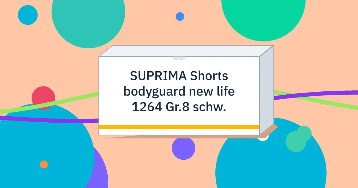 Symbolbild: Packung mit der Aufschrift SUPRIMA Shorts bodyguard new life 1264 Gr.8 schw. (PZN 18401142) – Verfügbarkeit und Bezug in Apotheken in Frankfurt am Main