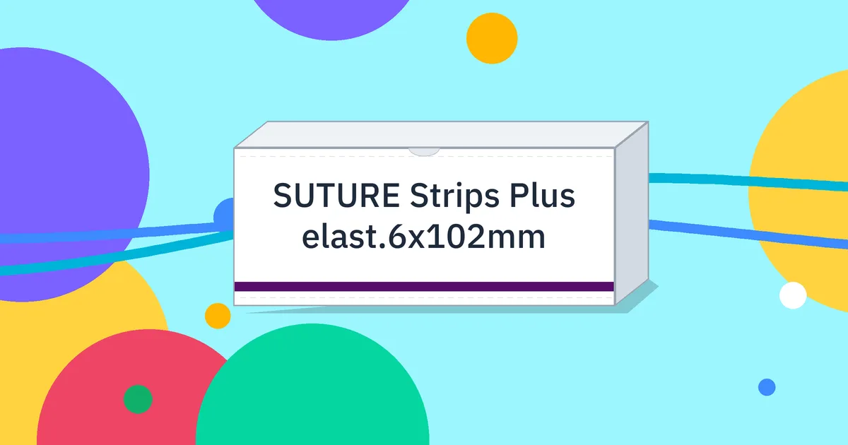 Symbolbild: Packung mit der Aufschrift SUTURE Strips Plus elast.6x102mm (PZN 03637212) – Verfügbarkeit und Bezug in Apotheken in Frankfurt am Main