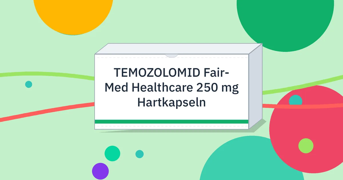 Symbolbild: Packung mit der Aufschrift TEMOZOLOMID Fair-Med Healthcare 250 mg Hartkapseln (PZN 10097549) – Verfügbarkeit und Bezug in Apotheken in Frankfurt am Main
