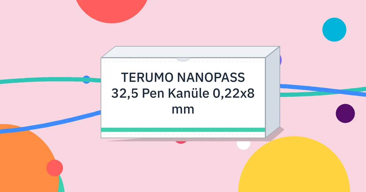 Symbolbild: Packung mit der Aufschrift TERUMO NANOPASS 32,5 Pen Kanüle 0,22x8 mm (PZN 20543317) – Verfügbarkeit und Bezug in Apotheken in Frankfurt am Main