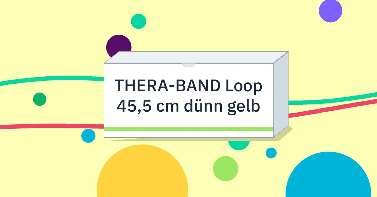 Symbolbild: Packung mit der Aufschrift THERA-BAND Loop 45,5 cm dünn gelb (PZN 09177065) – Verfügbarkeit und Bezug in Apotheken in Frankfurt am Main
