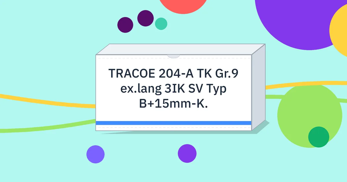 Symbolbild: Packung mit der Aufschrift TRACOE 204-A TK Gr.9 ex.lang 3IK SV Typ B+15mm-K. (PZN 02719184) – Verfügbarkeit und Bezug in Apotheken in Frankfurt am Main