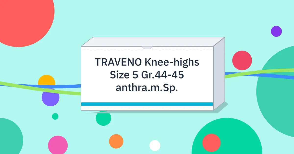 Symbolbild: Packung mit der Aufschrift TRAVENO Knee-highs Size 5 Gr.44-45 anthra.m.Sp. (PZN 17602890) – Verfügbarkeit und Bezug in Apotheken in Frankfurt am Main
