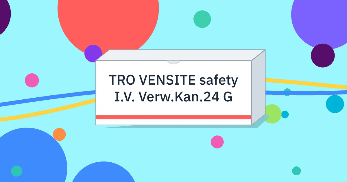 Symbolbild: Packung mit der Aufschrift TRO VENSITE safety I.V. Verw.Kan.24 G (PZN 11187970) – Verfügbarkeit und Bezug in Apotheken in Frankfurt am Main