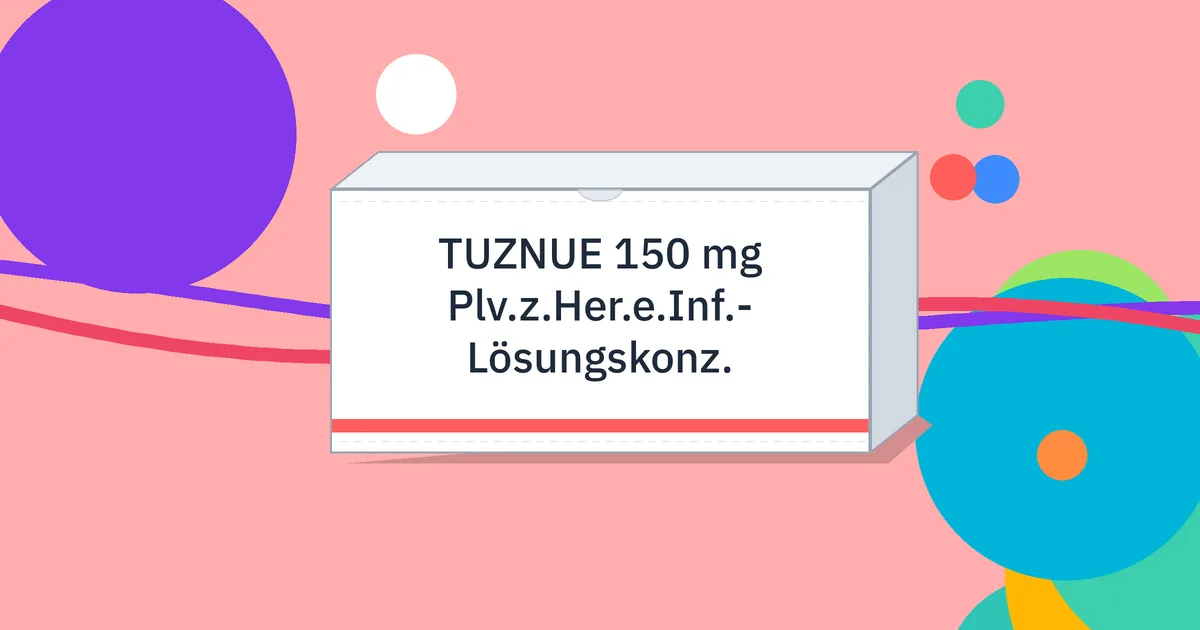 Symbolbild: Packung mit der Aufschrift TUZNUE 150 mg Plv.z.Her.e.Inf.-Lösungskonz. (PZN 19681847) – Verfügbarkeit und Bezug in Apotheken in Frankfurt am Main