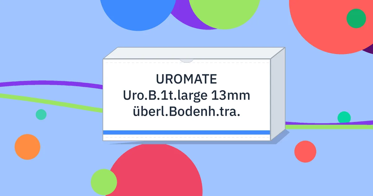 Symbolbild: Packung mit der Aufschrift UROMATE Uro.B.1t.large 13mm überl.Bodenh.tra. (PZN 03741004) – Verfügbarkeit und Bezug in Apotheken in Frankfurt am Main