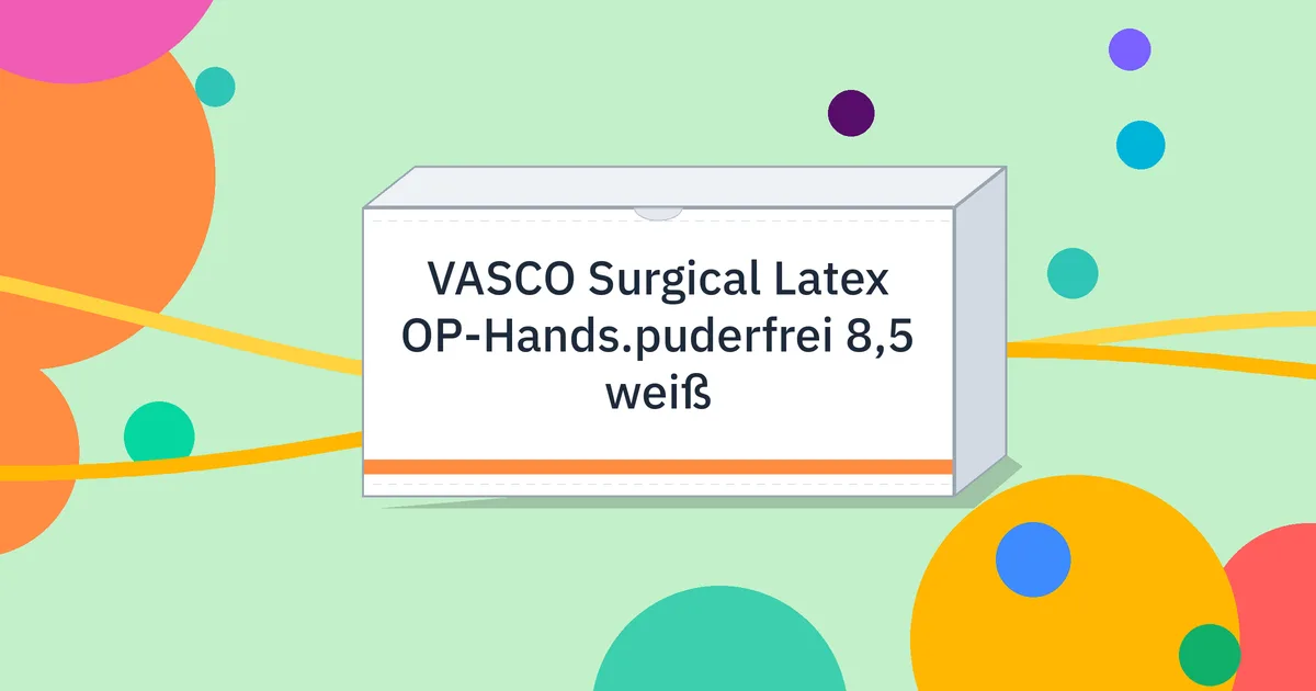 Symbolbild: Packung mit der Aufschrift VASCO Surgical Latex OP-Hands.puderfrei 8,5 weiß (PZN 20359996) – Verfügbarkeit und Bezug in Apotheken in Frankfurt am Main