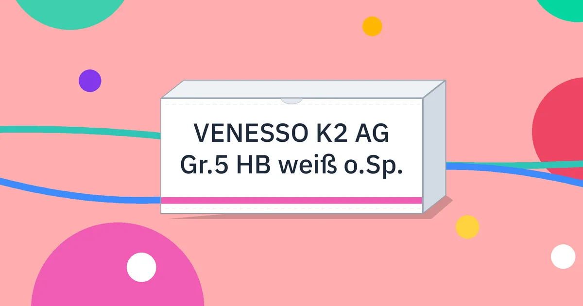Symbolbild: Packung mit der Aufschrift VENESSO K2 AG Gr.5 HB weiß o.Sp. (PZN 03266098) – Verfügbarkeit und Bezug in Apotheken in Frankfurt am Main