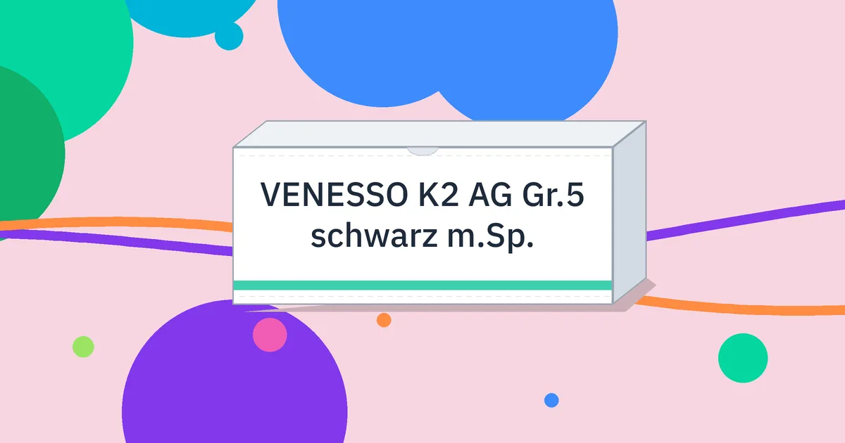 Symbolbild: Packung mit der Aufschrift VENESSO K2 AG Gr.5 schwarz m.Sp. (PZN 03277966) – Verfügbarkeit und Bezug in Apotheken in Frankfurt am Main