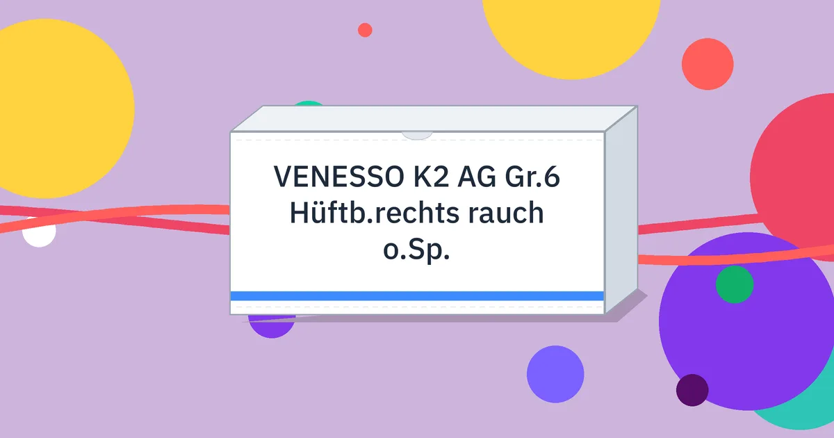 Symbolbild: Packung mit der Aufschrift VENESSO K2 AG Gr.6 Hüftb.rechts rauch o.Sp. (PZN 03272147) – Verfügbarkeit und Bezug in Apotheken in Frankfurt am Main