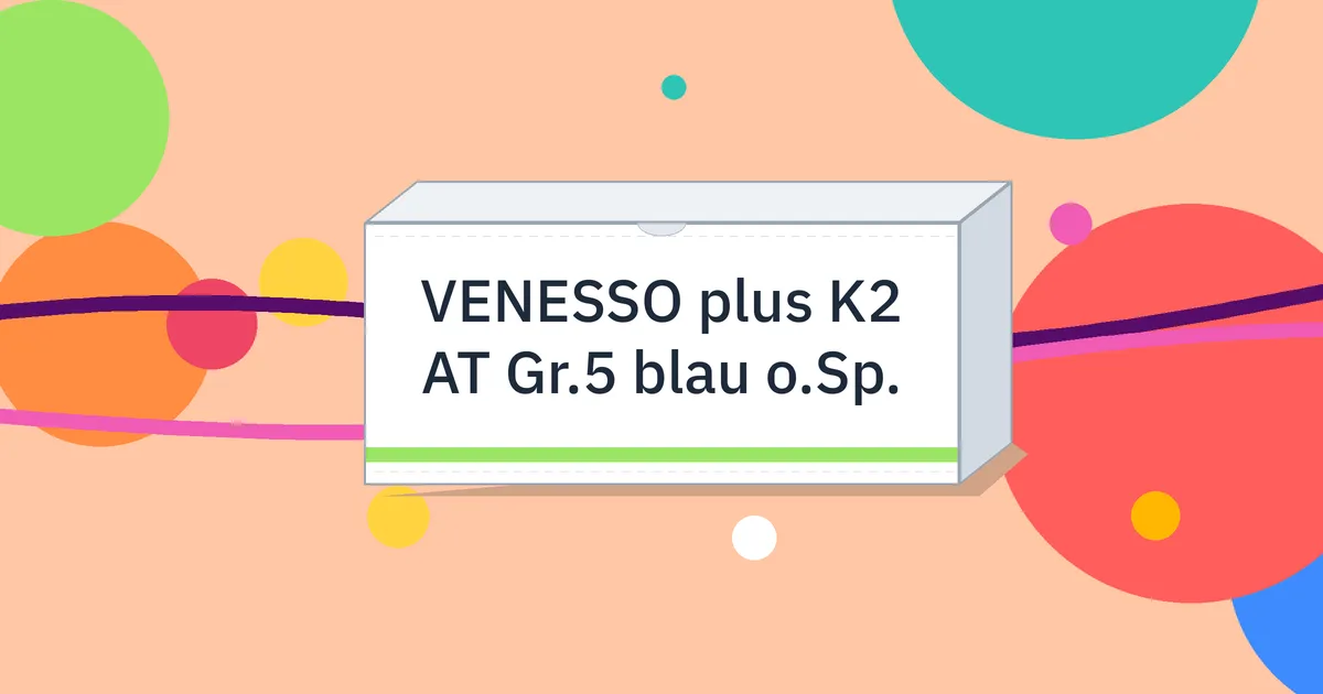 Symbolbild: Packung mit der Aufschrift VENESSO plus K2 AT Gr.5 blau o.Sp. (PZN 03288970) – Verfügbarkeit und Bezug in Apotheken in Frankfurt am Main