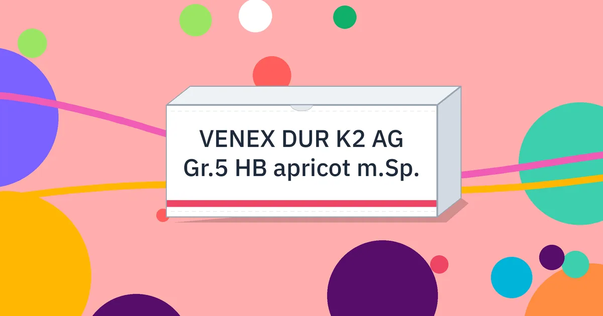 Symbolbild: Packung mit der Aufschrift VENEX DUR K2 AG Gr.5 HB apricot m.Sp. (PZN 03218768) – Verfügbarkeit und Bezug in Apotheken in Frankfurt am Main