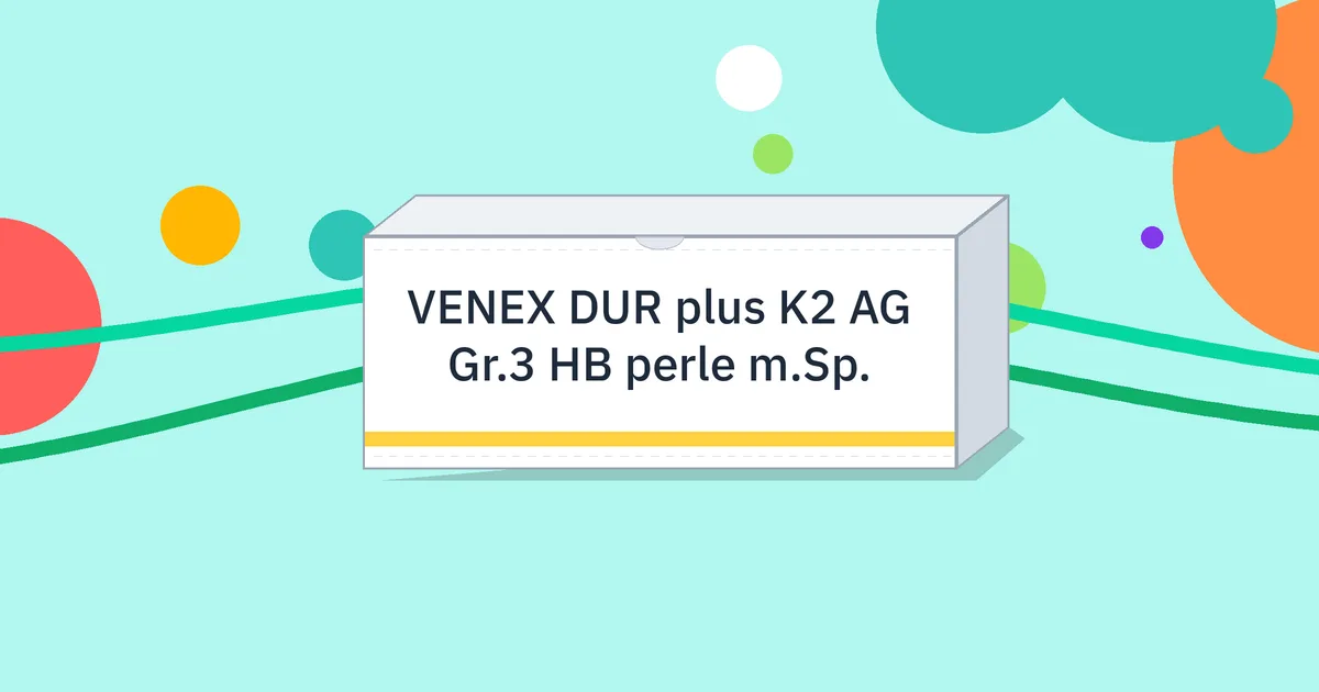 Symbolbild: Packung mit der Aufschrift VENEX DUR plus K2 AG Gr.3 HB perle m.Sp. (PZN 03236393) – Verfügbarkeit und Bezug in Apotheken in Frankfurt am Main