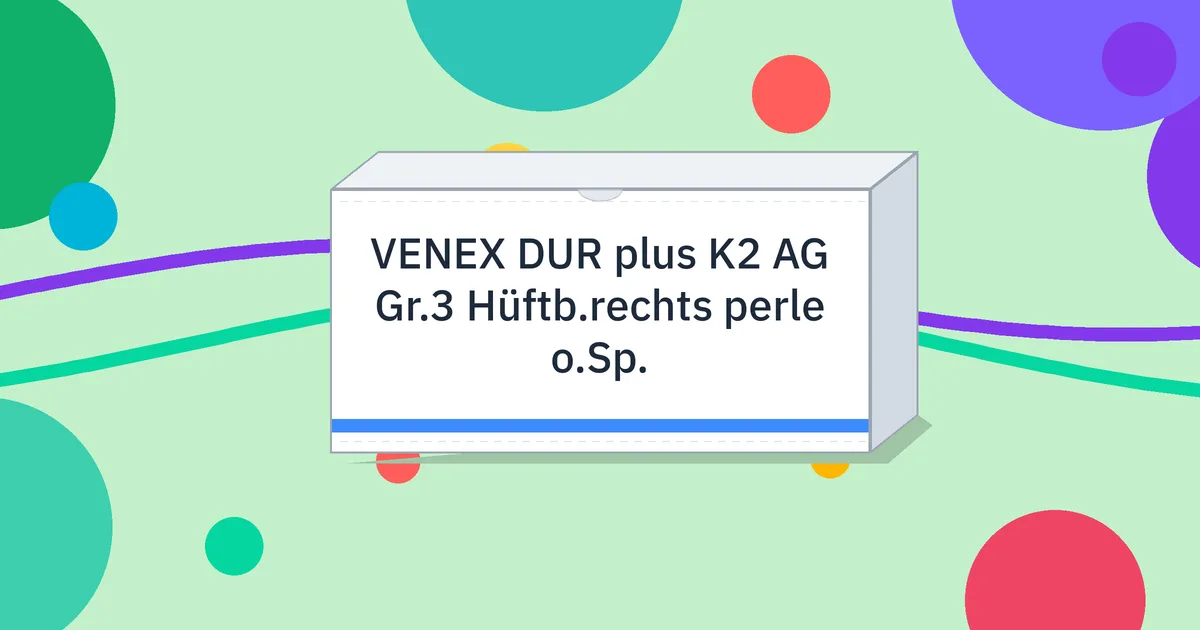 Symbolbild: Packung mit der Aufschrift VENEX DUR plus K2 AG Gr.3 Hüftb.rechts perle o.Sp. (PZN 03240147) – Verfügbarkeit und Bezug in Apotheken in Frankfurt am Main