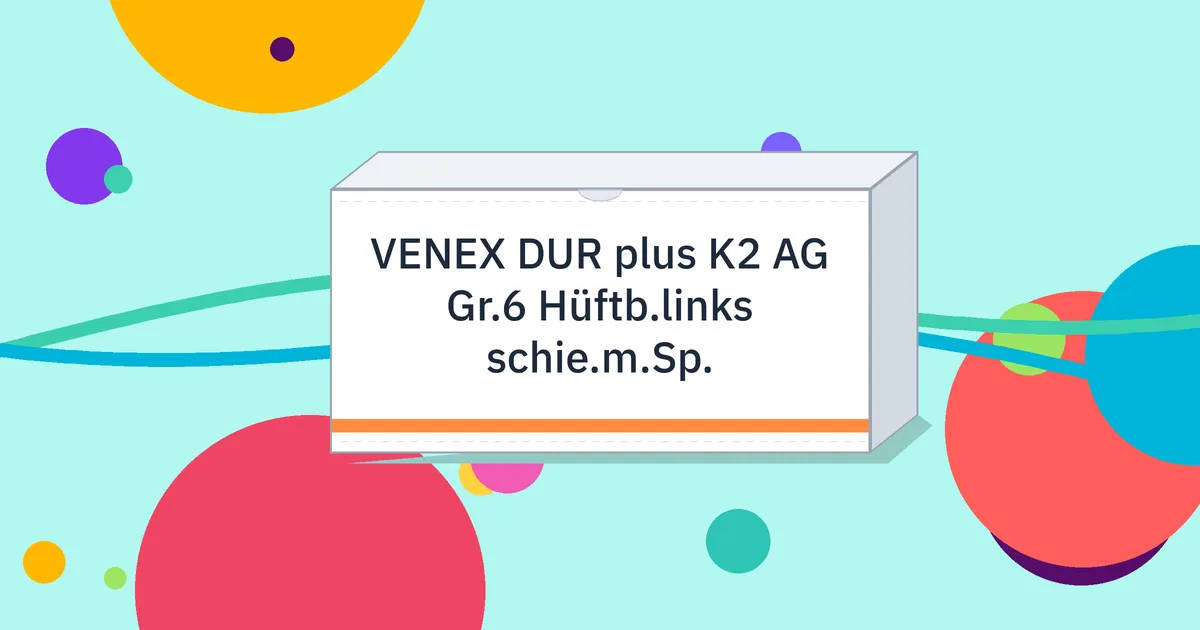 Symbolbild: Packung mit der Aufschrift VENEX DUR plus K2 AG Gr.6 Hüftb.links schie.m.Sp. (PZN 03238682) – Verfügbarkeit und Bezug in Apotheken in Frankfurt am Main