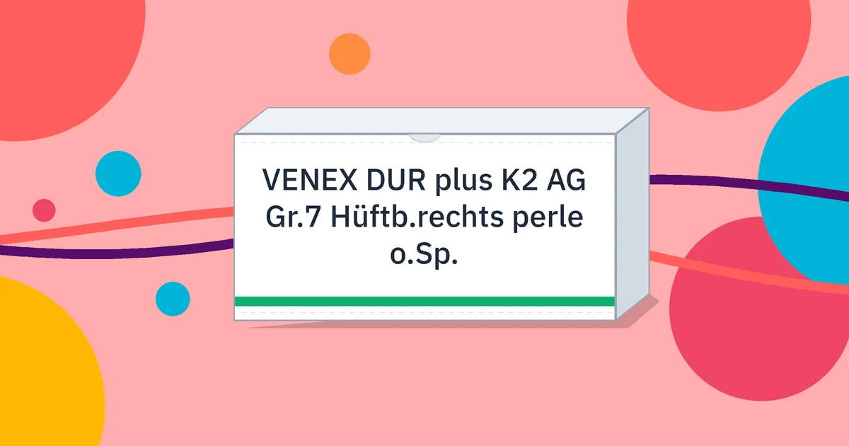Symbolbild: Packung mit der Aufschrift VENEX DUR plus K2 AG Gr.7 Hüftb.rechts perle o.Sp. (PZN 03242086) – Verfügbarkeit und Bezug in Apotheken in Frankfurt am Main