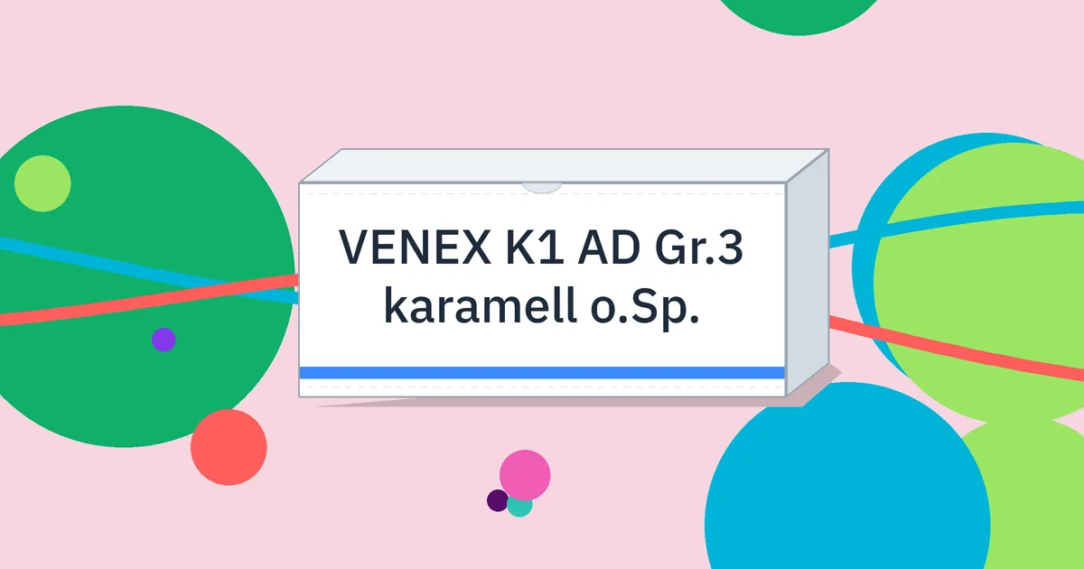 Symbolbild: Packung mit der Aufschrift VENEX K1 AD Gr.3 karamell o.Sp. (PZN 13757319) – Verfügbarkeit und Bezug in Apotheken in Frankfurt am Main
