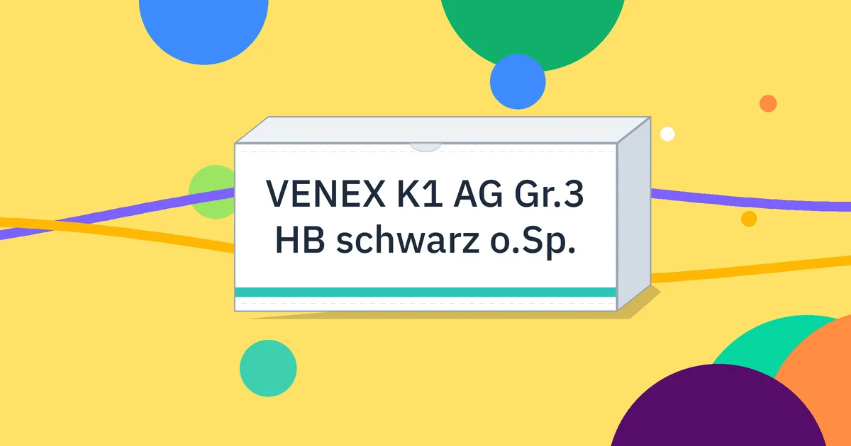Symbolbild: Packung mit der Aufschrift VENEX K1 AG Gr.3 HB schwarz o.Sp. (PZN 03194134) – Verfügbarkeit und Bezug in Apotheken in Frankfurt am Main
