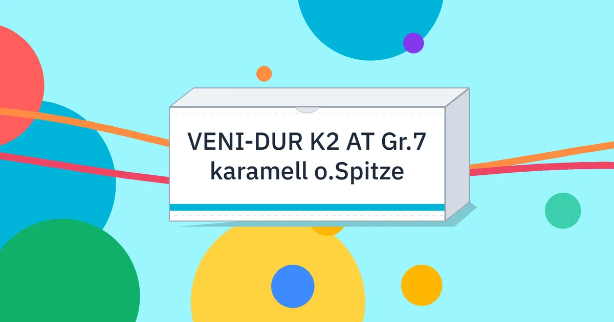 Symbolbild: Packung mit der Aufschrift VENI-DUR K2 AT Gr.7 karamell o.Spitze (PZN 13757087) – Verfügbarkeit und Bezug in Apotheken in Frankfurt am Main