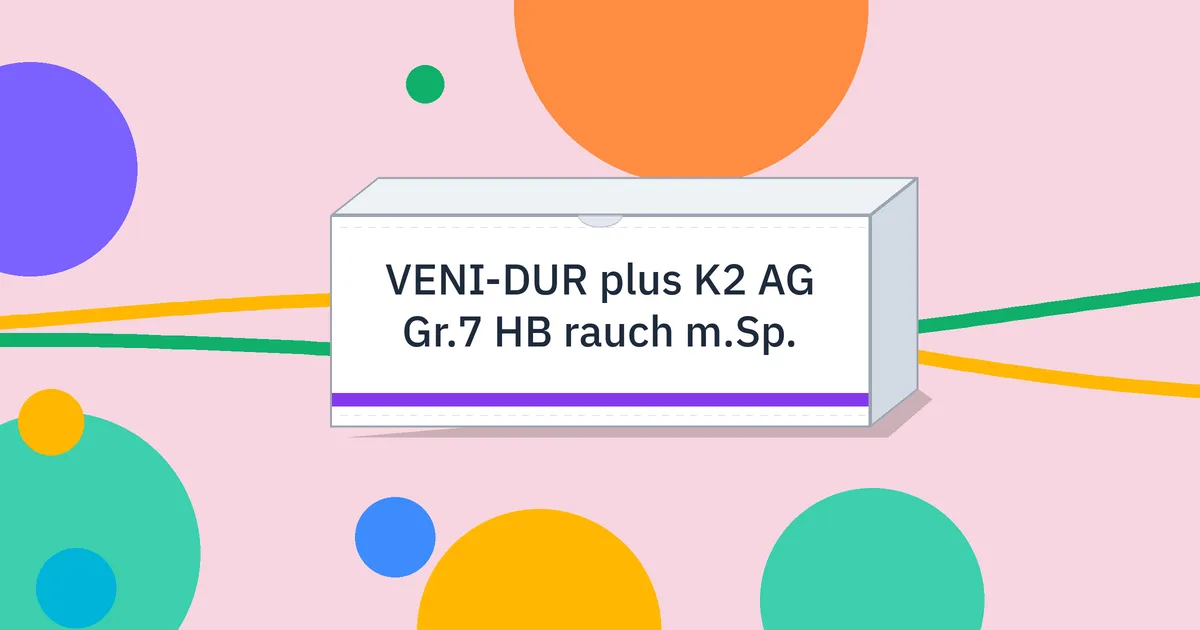 Symbolbild: Packung mit der Aufschrift VENI-DUR plus K2 AG Gr.7 HB rauch m.Sp. (PZN 03254787) – Verfügbarkeit und Bezug in Apotheken in Frankfurt am Main