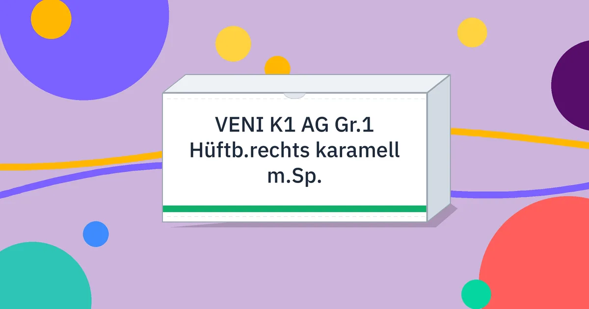 Symbolbild: Packung mit der Aufschrift VENI K1 AG Gr.1 Hüftb.rechts karamell m.Sp. (PZN 13759985) – Verfügbarkeit und Bezug in Apotheken in Frankfurt am Main