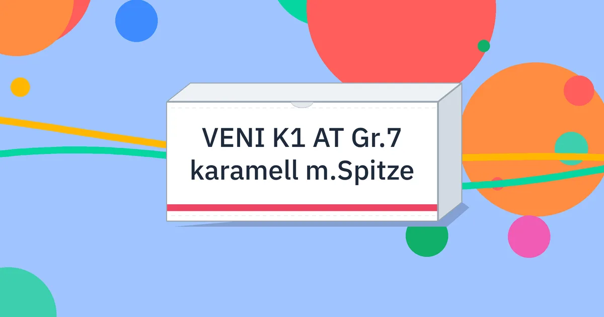 Symbolbild: Packung mit der Aufschrift VENI K1 AT Gr.7 karamell m.Spitze (PZN 13756834) – Verfügbarkeit und Bezug in Apotheken in Frankfurt am Main