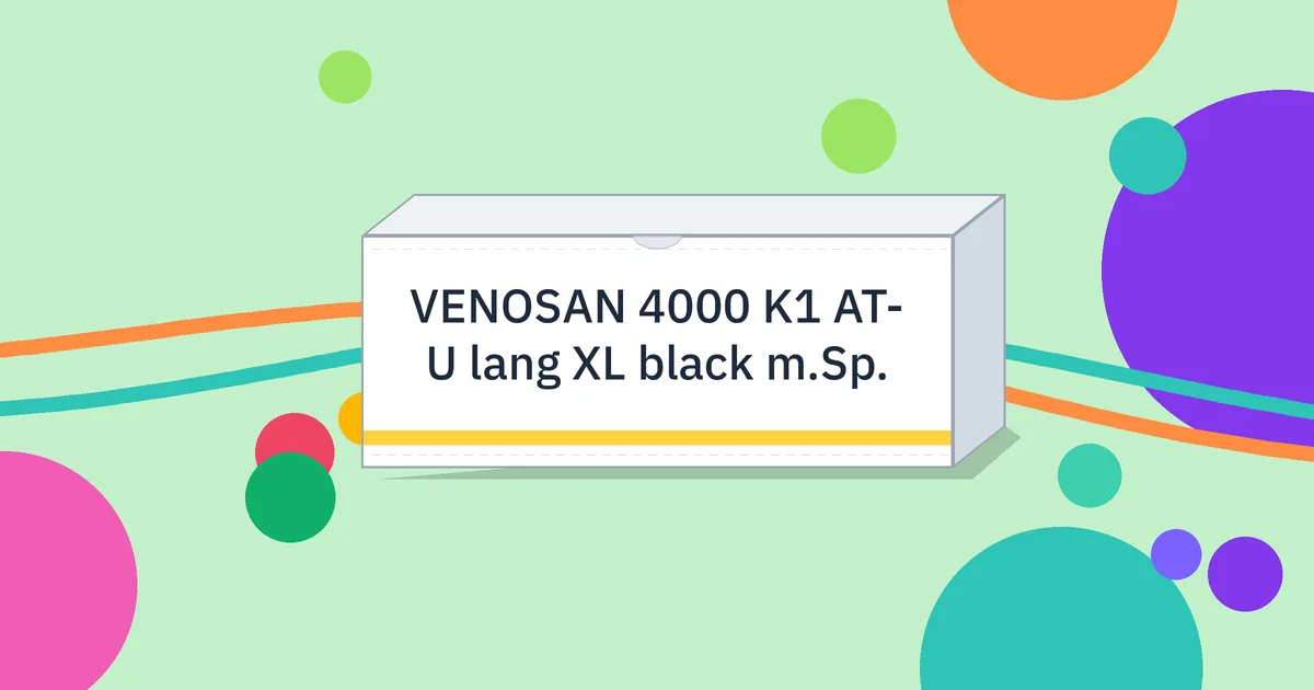 Symbolbild: Packung mit der Aufschrift VENOSAN 4000 K1 AT-U lang XL black m.Sp. (PZN 14426783) – Verfügbarkeit und Bezug in Apotheken in Frankfurt am Main