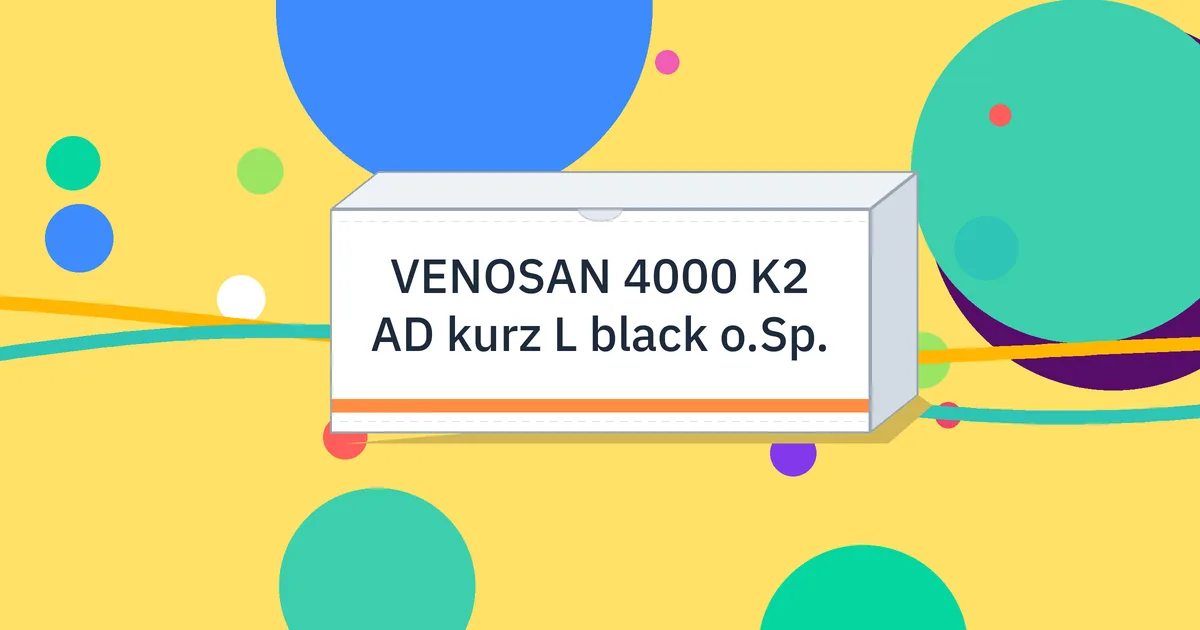 Symbolbild: Packung mit der Aufschrift VENOSAN 4000 K2 AD kurz L black o.Sp. (PZN 14427239) – Verfügbarkeit und Bezug in Apotheken in Frankfurt am Main